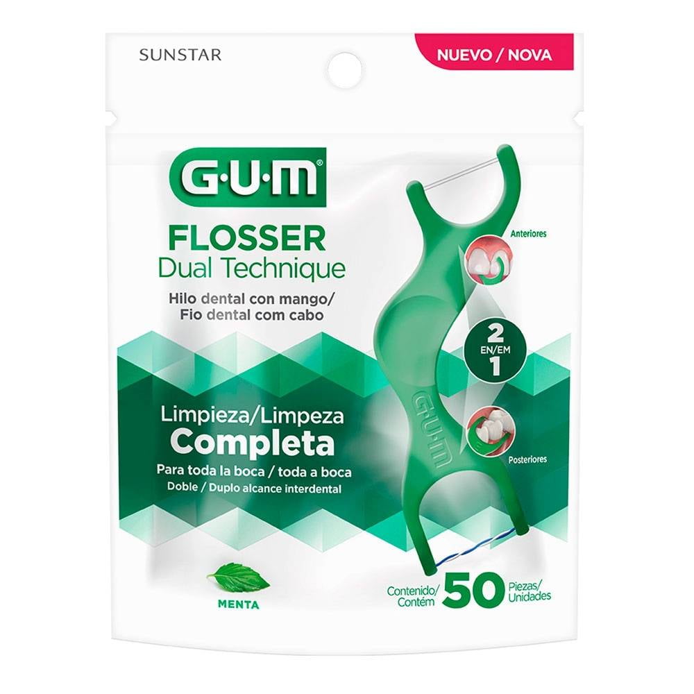 Hilo dental GUM Dual Technique con mango 2 en 1 sabor menta 50 pzas ...
