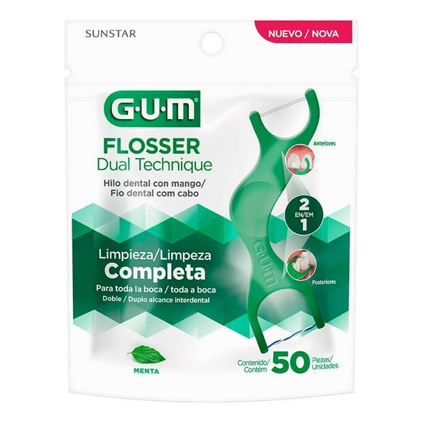 Hilo dental GUM Dual Technique con mango 2 en 1 sabor menta 50 pzas ...