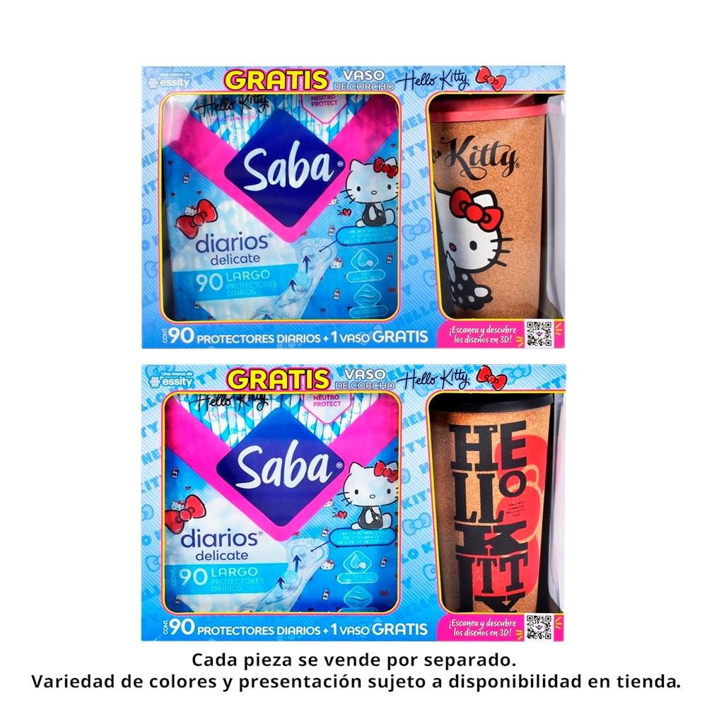Protectores Saba Diarios delicate largos 90 pzas + vaso de corcho Hello ...
