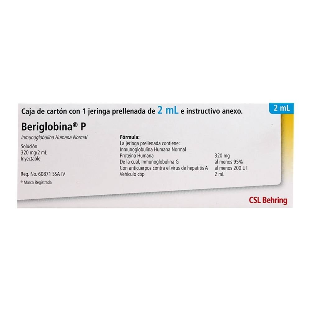 Beriglobina P 320 mg/2 ml solución inyectable, 1 jeringa prellenada de ...