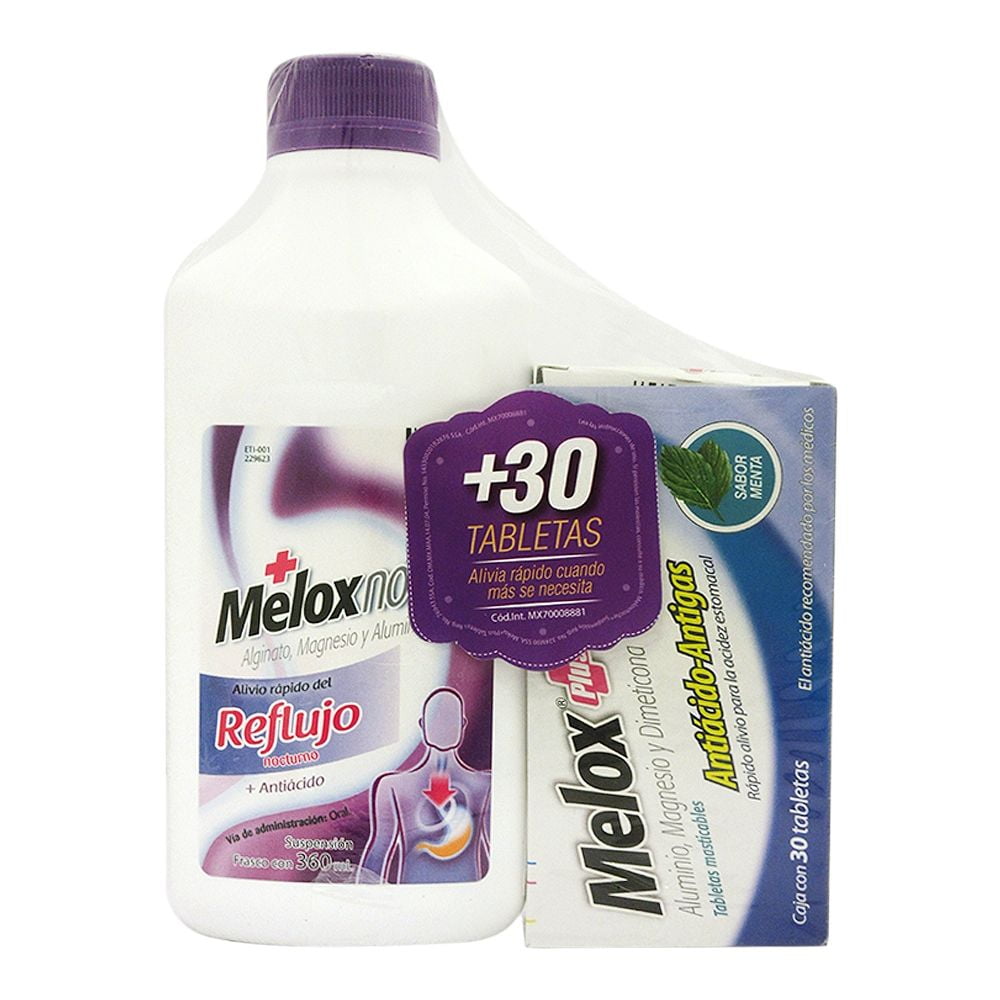Antiácido Melox Noche reflujo 360 ml + 30 tabletas masticables ...