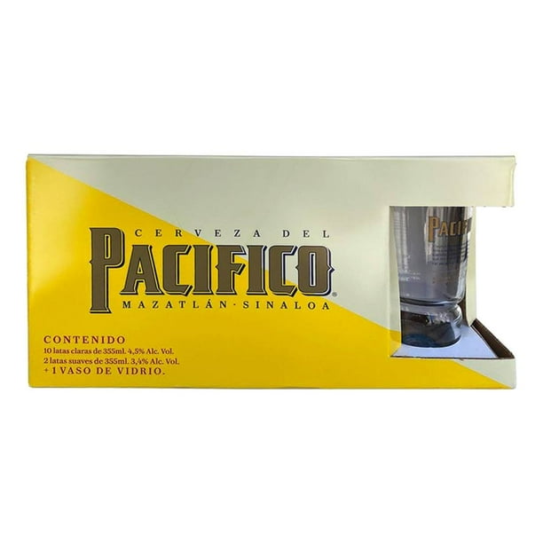 Cerveza clara Pacífico 12 latas de 355 ml c/u + 1 vaso de vidrio ...