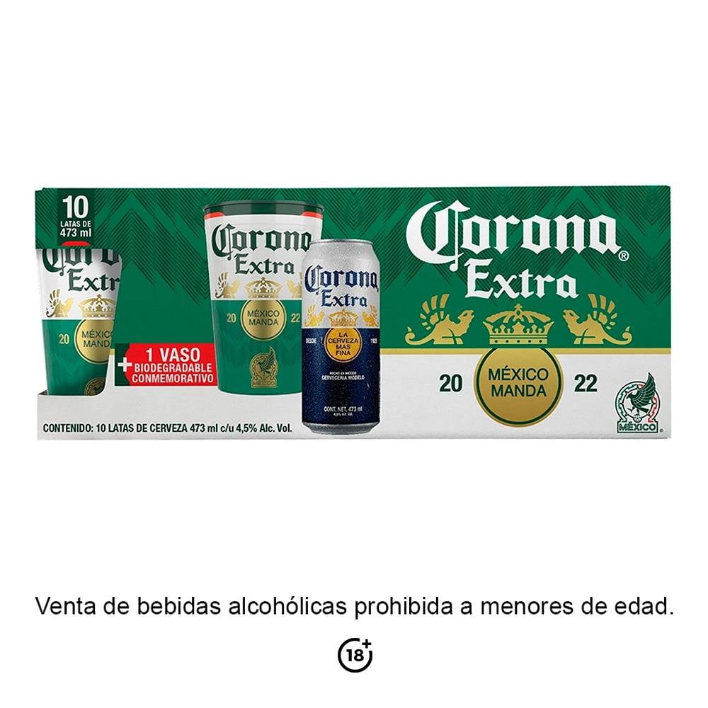 Pack cervezas Corona Extra 10 latones 473ml c/u + 1 Vaso | Walmart en línea