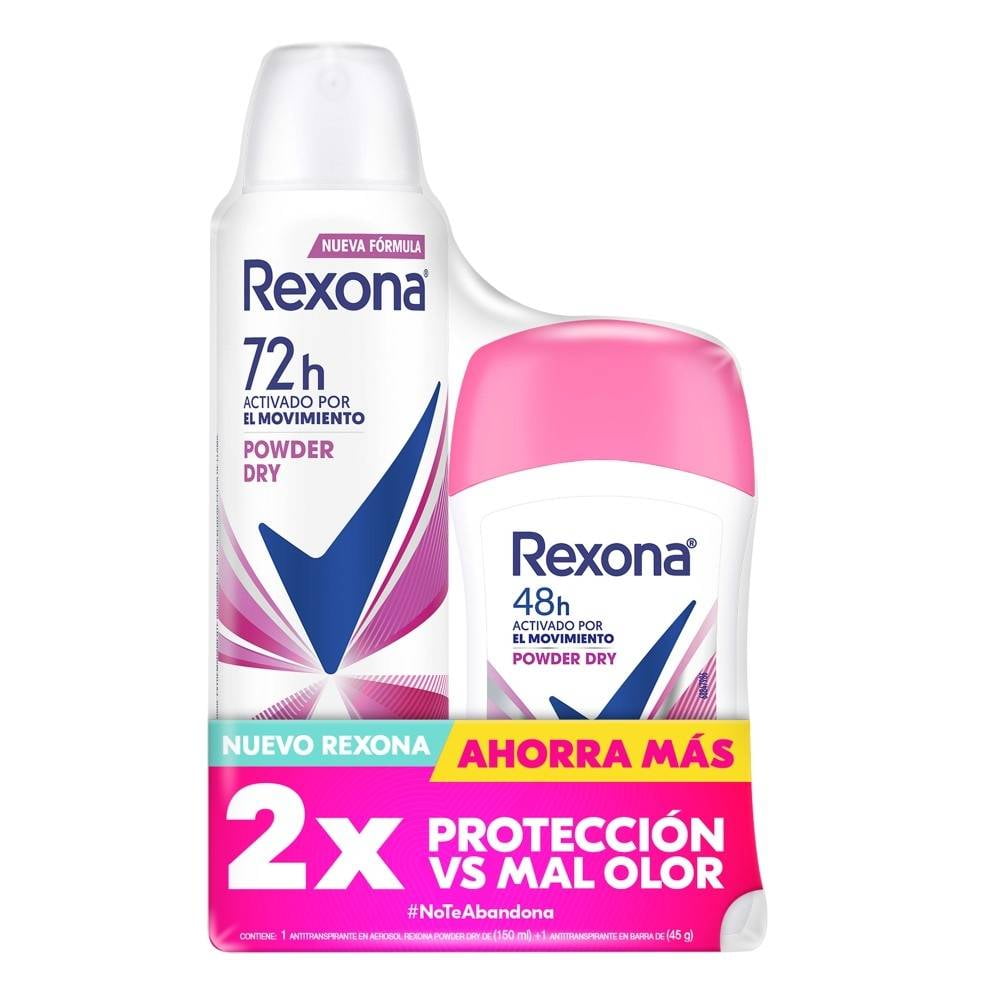 Desodorante antitranspirante Rexona Powder en aerosol 89 g + stick 45 g ...
