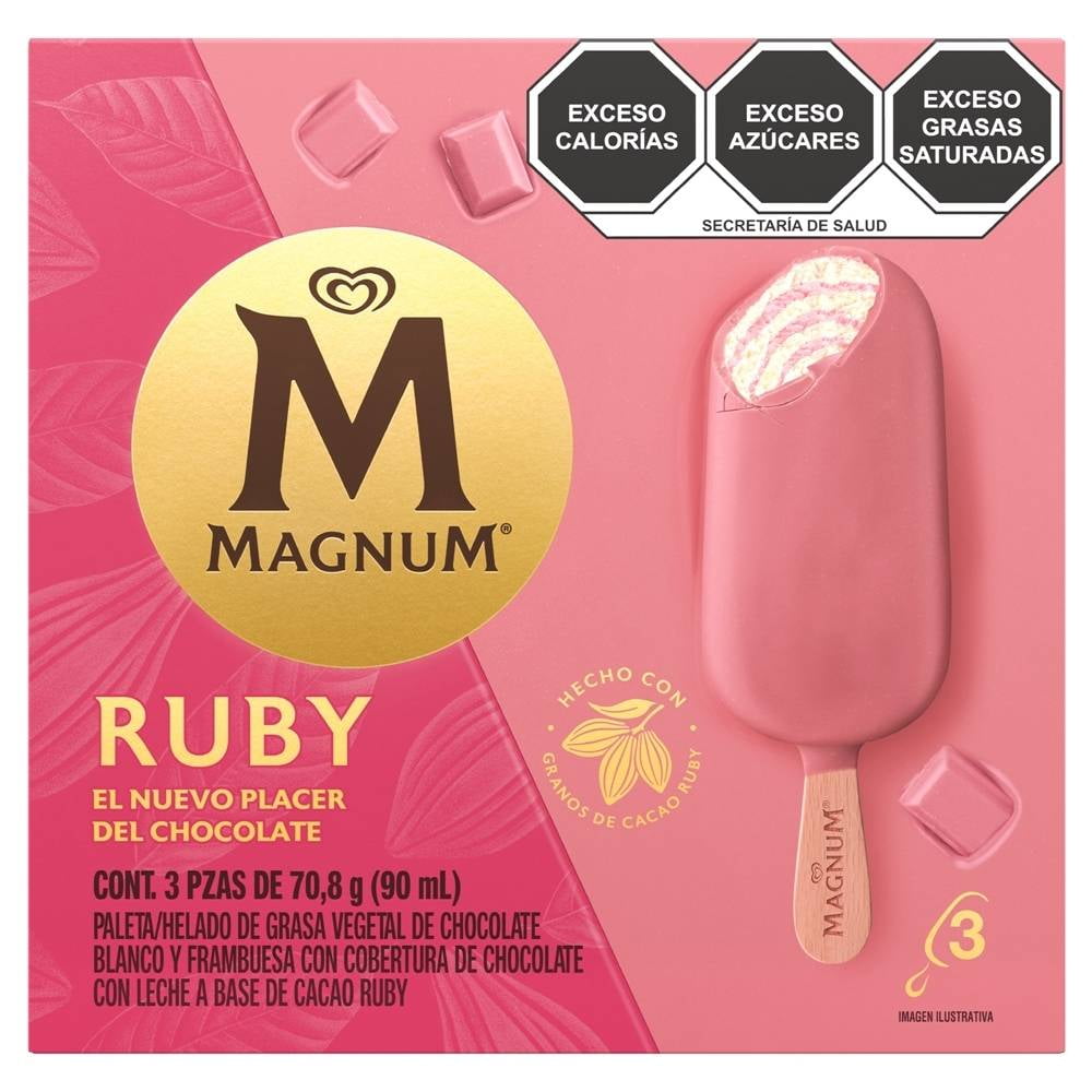 Paleta helada Magnum ruby sabor chocolate blanco con frambuesa 3 pzas ...