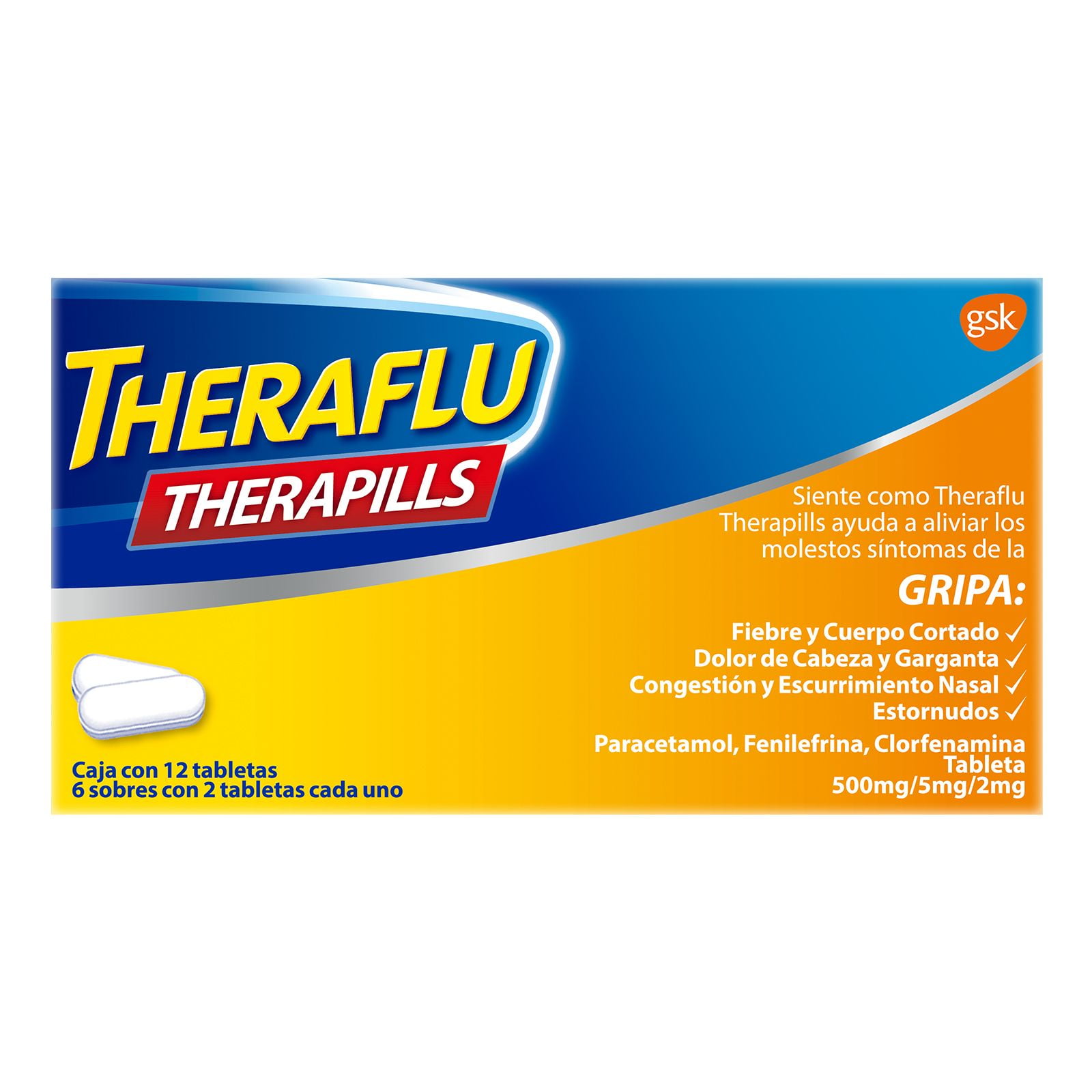 Theraflu Therapills 500 mg / 5 mg / 2 mg 6 Sobres con 2 Tabletas c/u ...